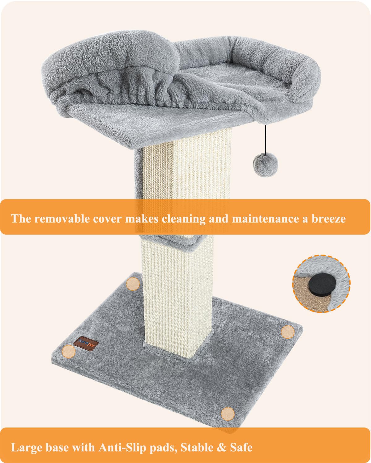 Karolpar 32" Cat Scratching Post for Indoor Cats, Sisal Cat Scratcher with Plush Perch, Large Scratch Post with Bed, Removable Cover, Sisal Fabric,Light Grey