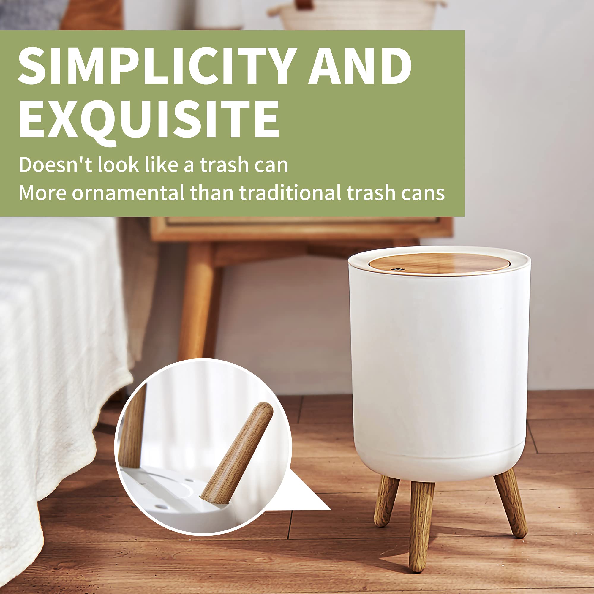 Trash can 1.8 Gallon,Dsektop garbage can 0.5 Gallon (2 Pieces) Mini Trash can with press top Lid, Nordic Modern waste basket, Office, Outdoor,Dog proof trash can(White)