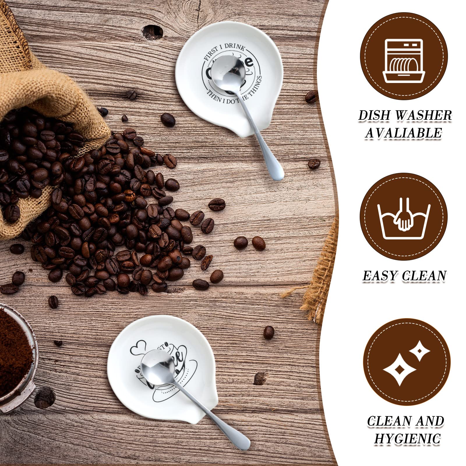 Gandeer 4 Pieces Coffee Spoon Rest and Spoon Funny Coffee Quote Ceramic Coffee Spoon Holder Rests for Coffee Station Decor Stove Top Countertop Kitchen Accessories Nice Present for Coffee Lovers