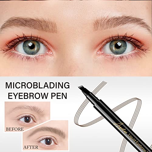 Eyebrow Pen, Microblading Eye Brow Pencil, Micro 4 Point Makeup Pens for Natural and Hair-Like Strokes, Long Lasting, Waterproof and Professional Eyebrow Definer (Dark Brown)