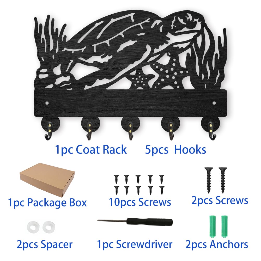 INFUNLY Ocean Theme Key Holder with 5 Key Hooks Black Wall Mounted Key Hangers Turtle Key Hangers Wood Key Rack for Home Decor Hallway, Entryway, Bedroom, Mudroom, Office 11.8inchx7.6inch