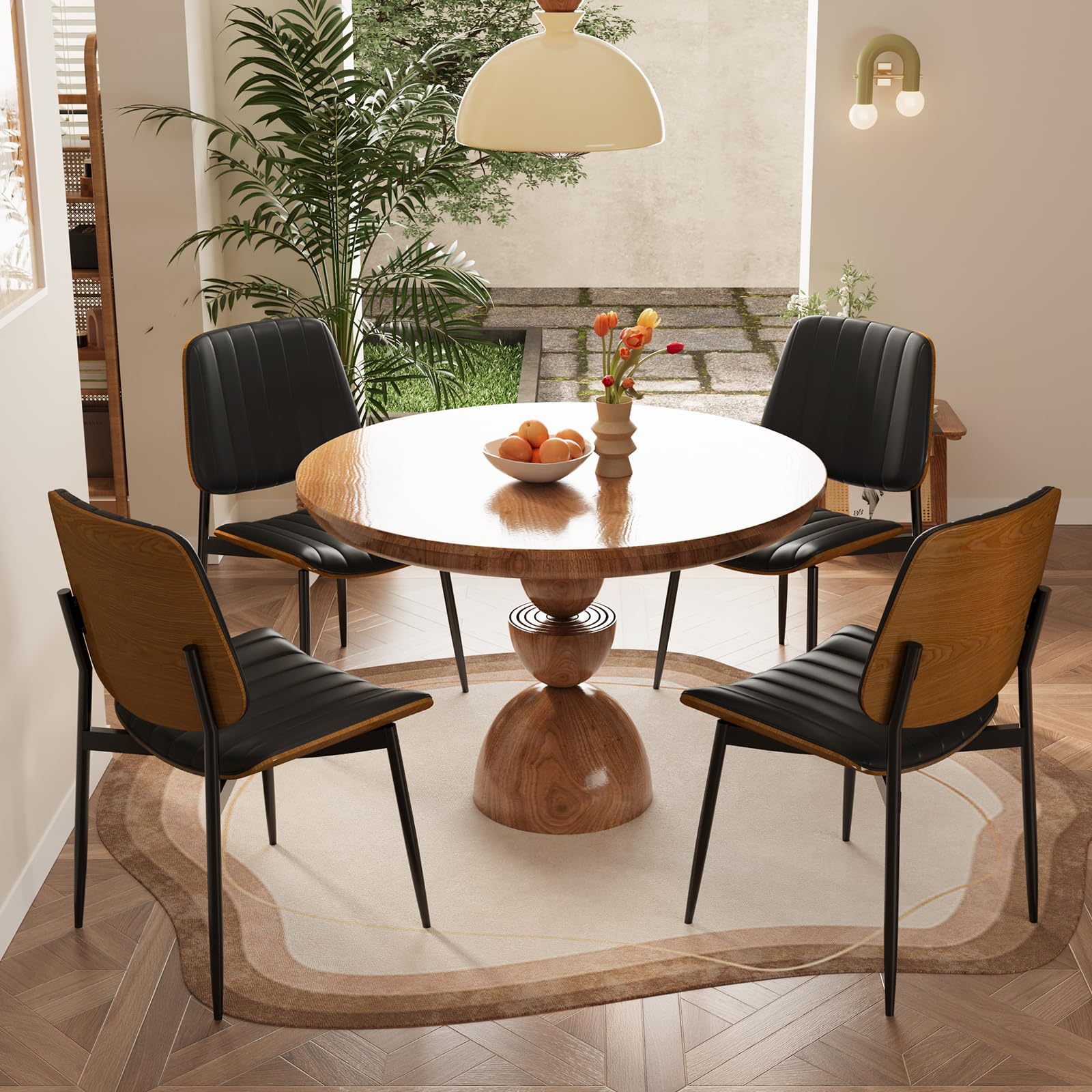 Madaha Dining Chairs Set of 4, Mid Century Modern Chairs with Stitching and Metal Legs, Leather Dining Room Chairs Bentwood Upholstered Kitchen & Dining Room Chairs, Black