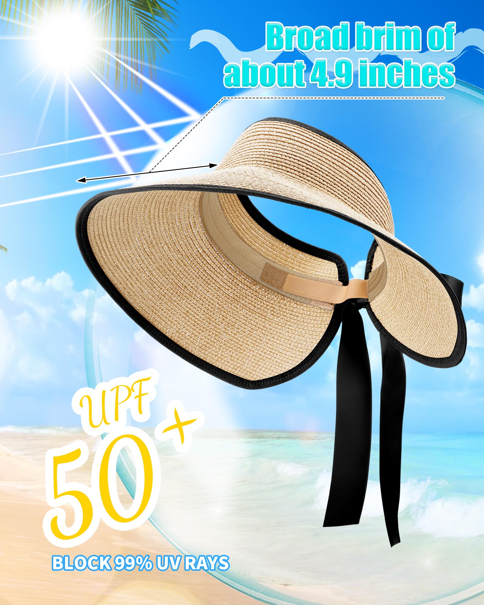 JaGely 3 Pieces Foldable Straw Sun Visors Hats Wide Brim Ponytail Summer Beach Hat Sun Protection Wide Brim Sun Hats Adjustable Beach Hat for Women