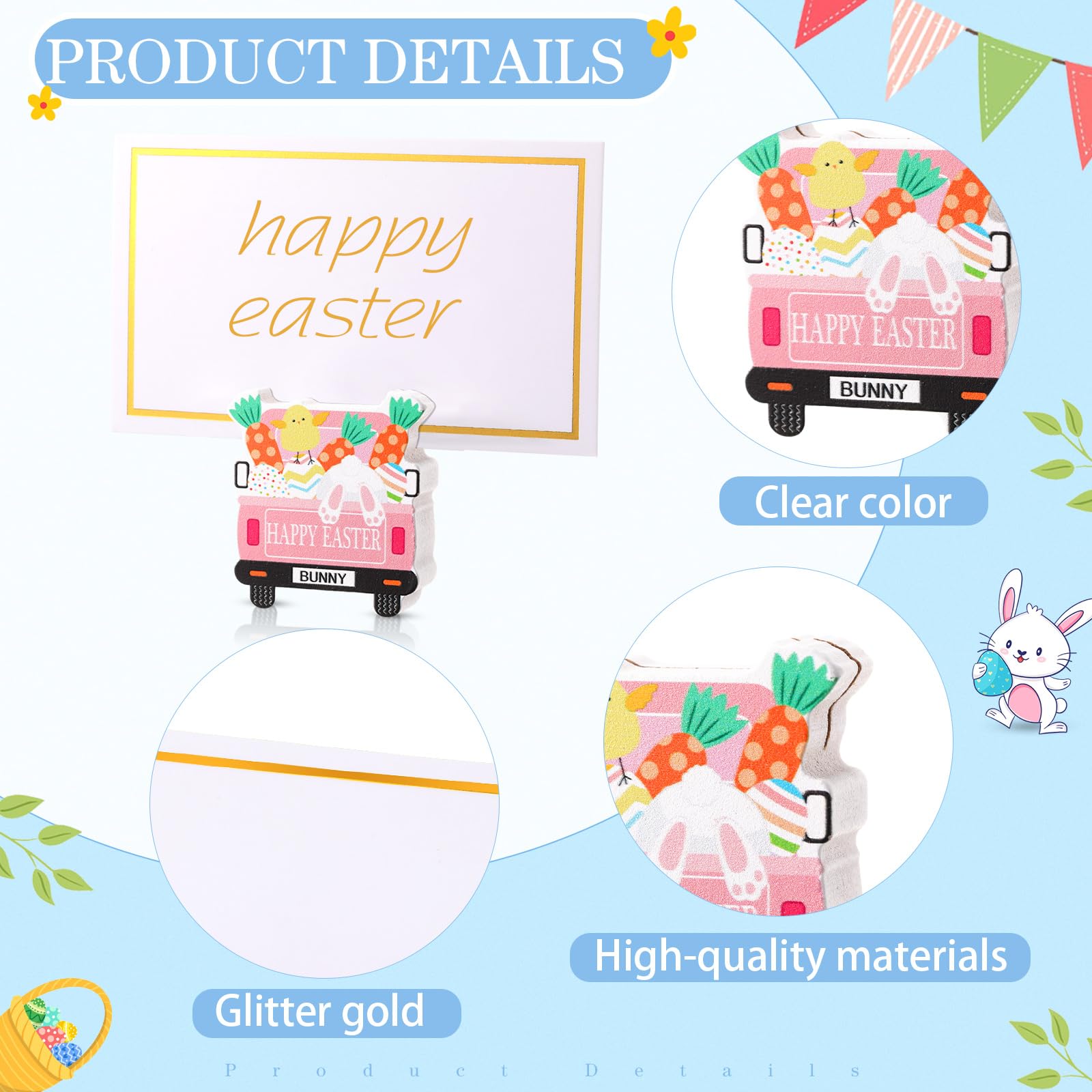 Kigley 18 Pcs Easter Bunny Eggs Wooden Place Card Holder with 25 Pcs Gold Foil White Card Easter Wooden Table Sign Bunny Easter Eggs Picture Number Sign Stands Holder for Spring Party (Cute)