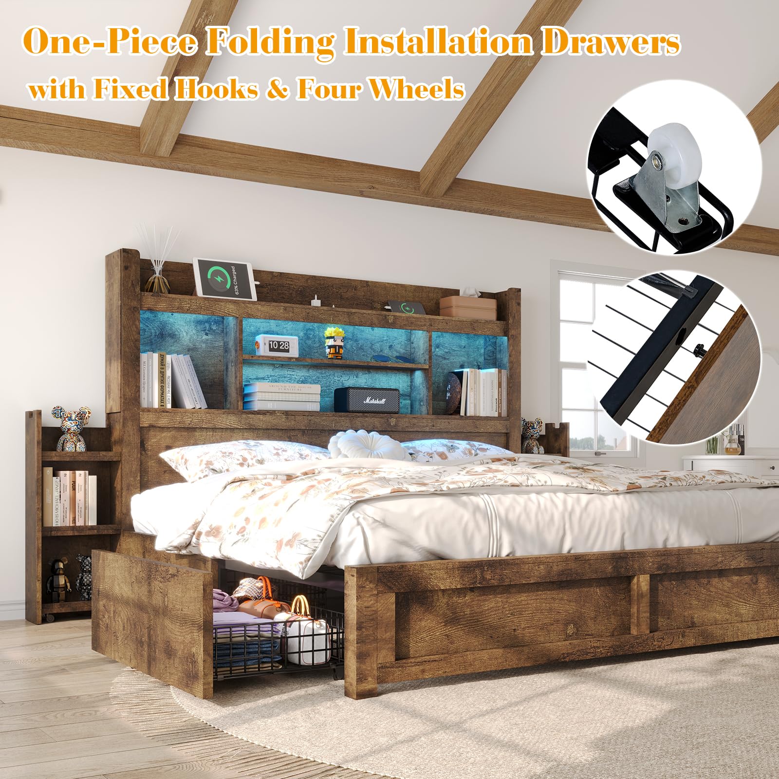 LUXOAK King Bed Frame with 49.6" Bookcase Headboard & 2 Bedside Stoage Racks & 4 Drawers, Farmhouse Wood Bed Frame with RGB LED & Charging Station, No Box Spring Needed, Rustic Brown