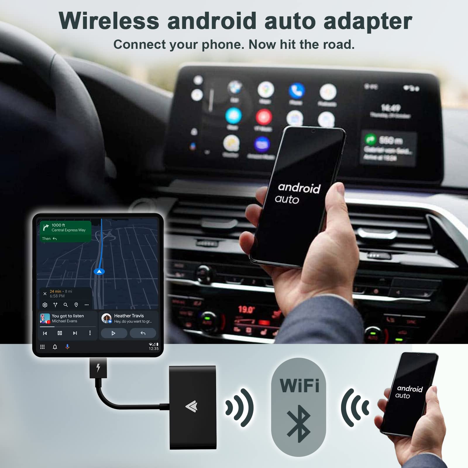 MADIT Wireless Car Adapter for Android Auto - 2022 Upgrade Wired to Wireless Android Auto Dongle -@Plug & Play