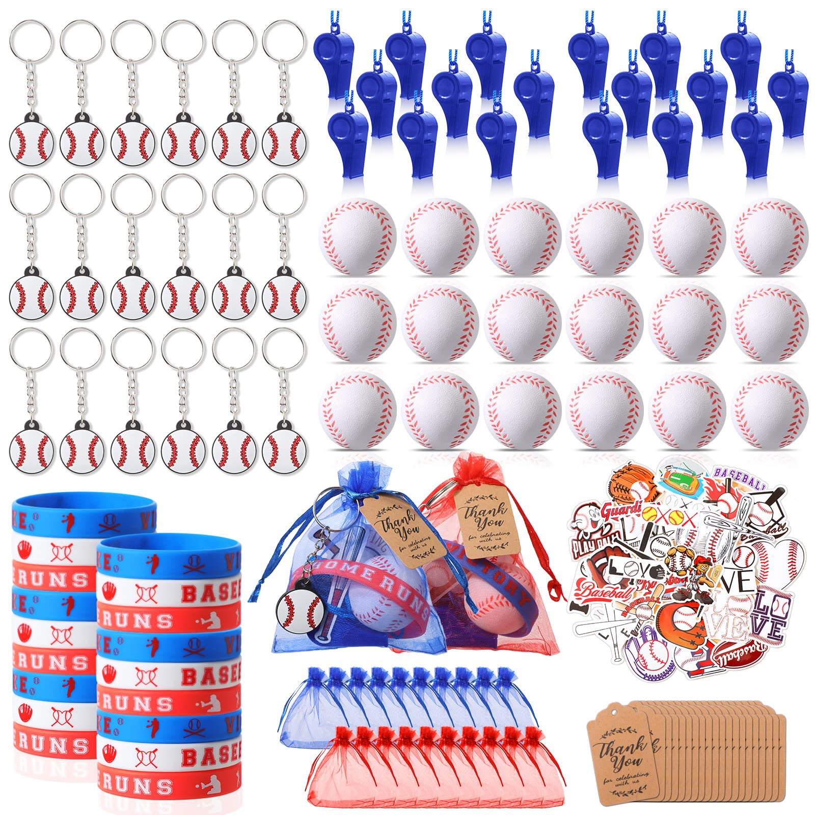 Hungdao 158 Pcs Baseball Party Favors for 18 Kids Includes Mini Bouncy Baseball Keychain Whistle Bracelets Thank You Card Stickers Organza Drawstring Bag for Baseball Sports Event Classroom Rewards