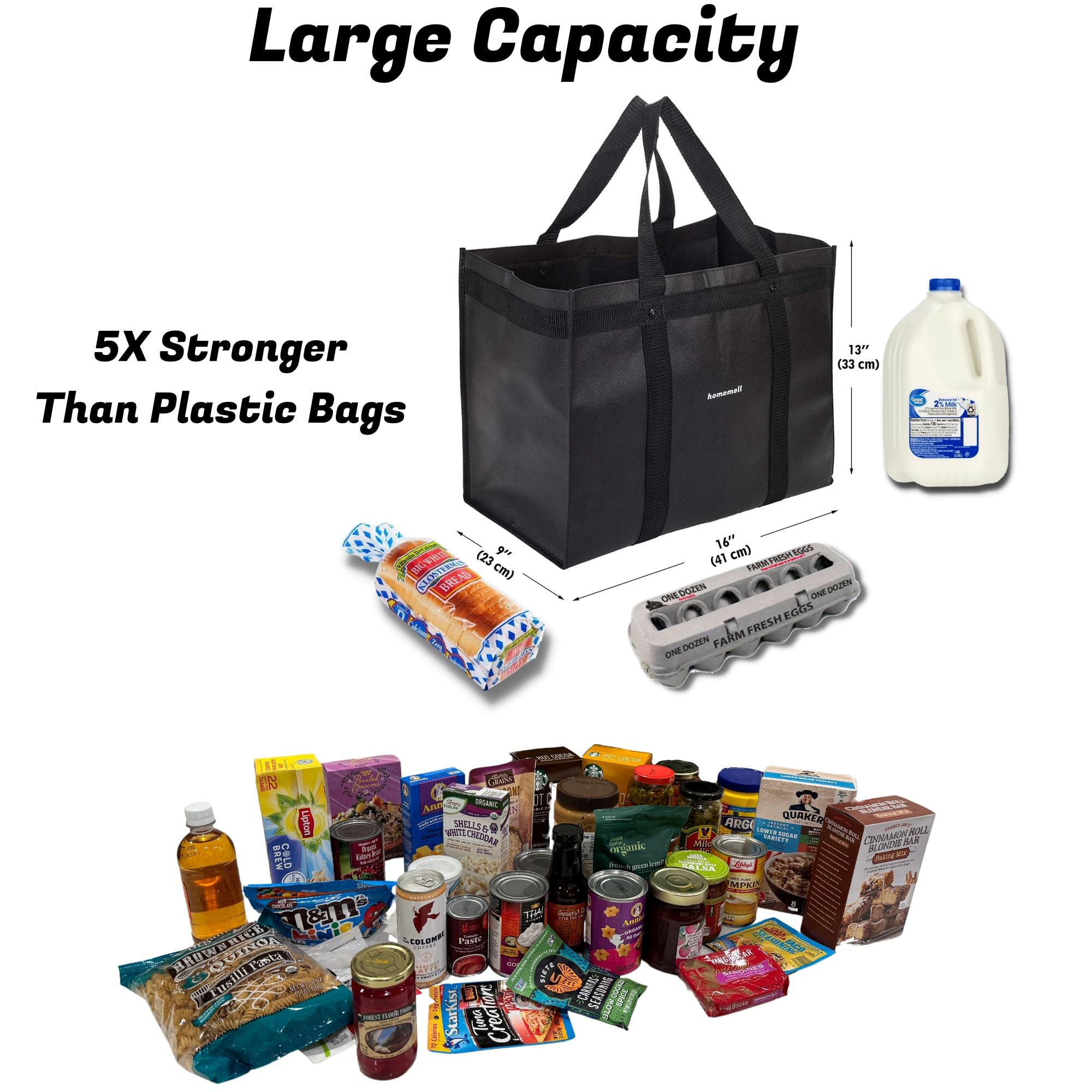 Homemell Heavy Duty Reusable Grocery Bags, Extra Large Collapsible Tote Holds 100 LBS, Extra-Strength Premium Material (Black, 6-Pack)