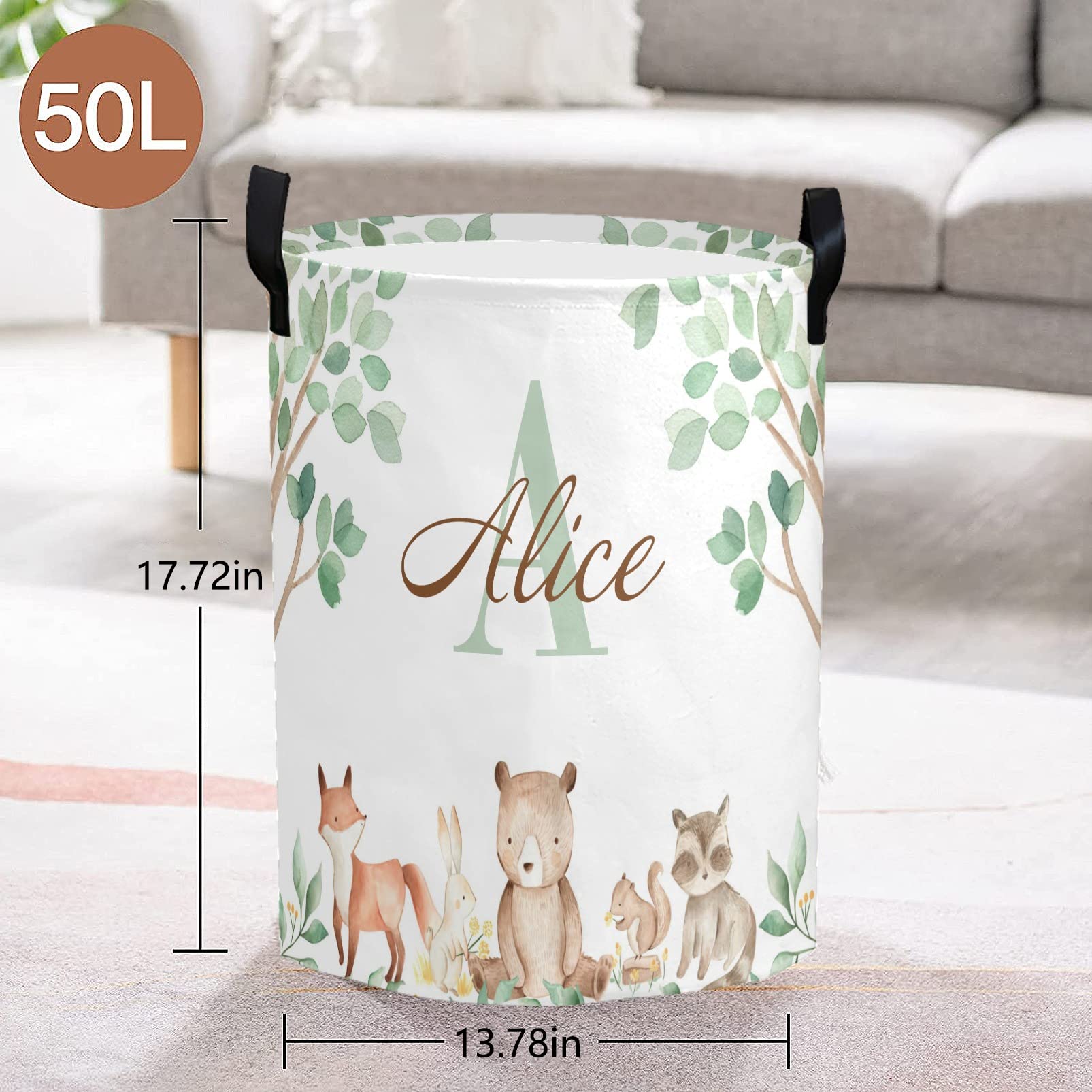 Laundry Basket Customized Name Organizer Storage Round Baskets Foldable Laundry Hamper with Handle for Nursery Bedroom Decor (Green Tree Animals)
