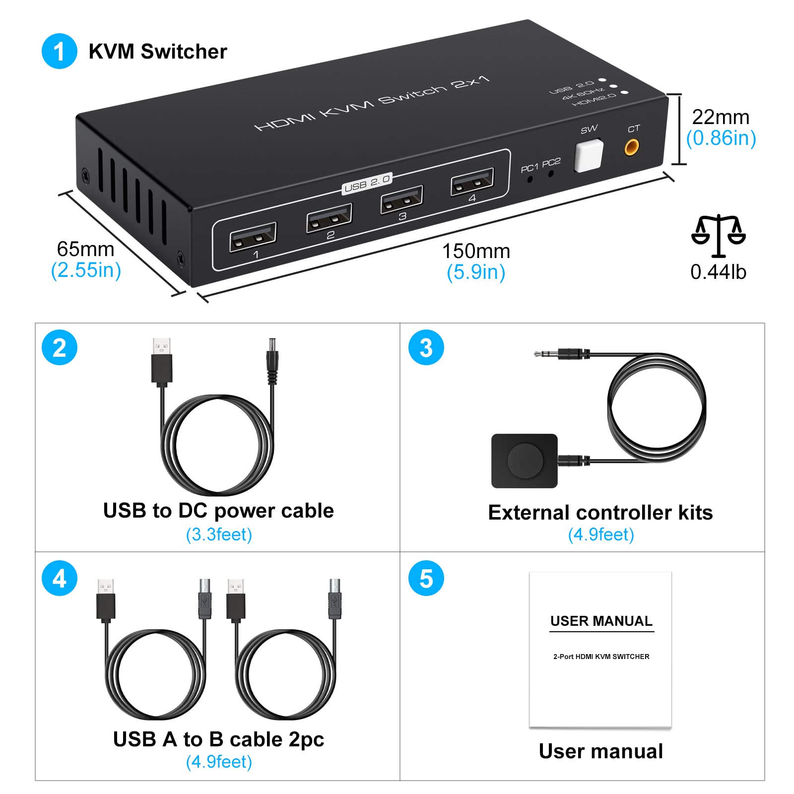 KVM Switch HDMI 2 Port 4K 60Hz 4 Port USB2.0 for 2 Computers 1 Monitor Share Keyboard Mouse Printer Support Wire-Desktop Controller Including 2 USB2.0 Cable