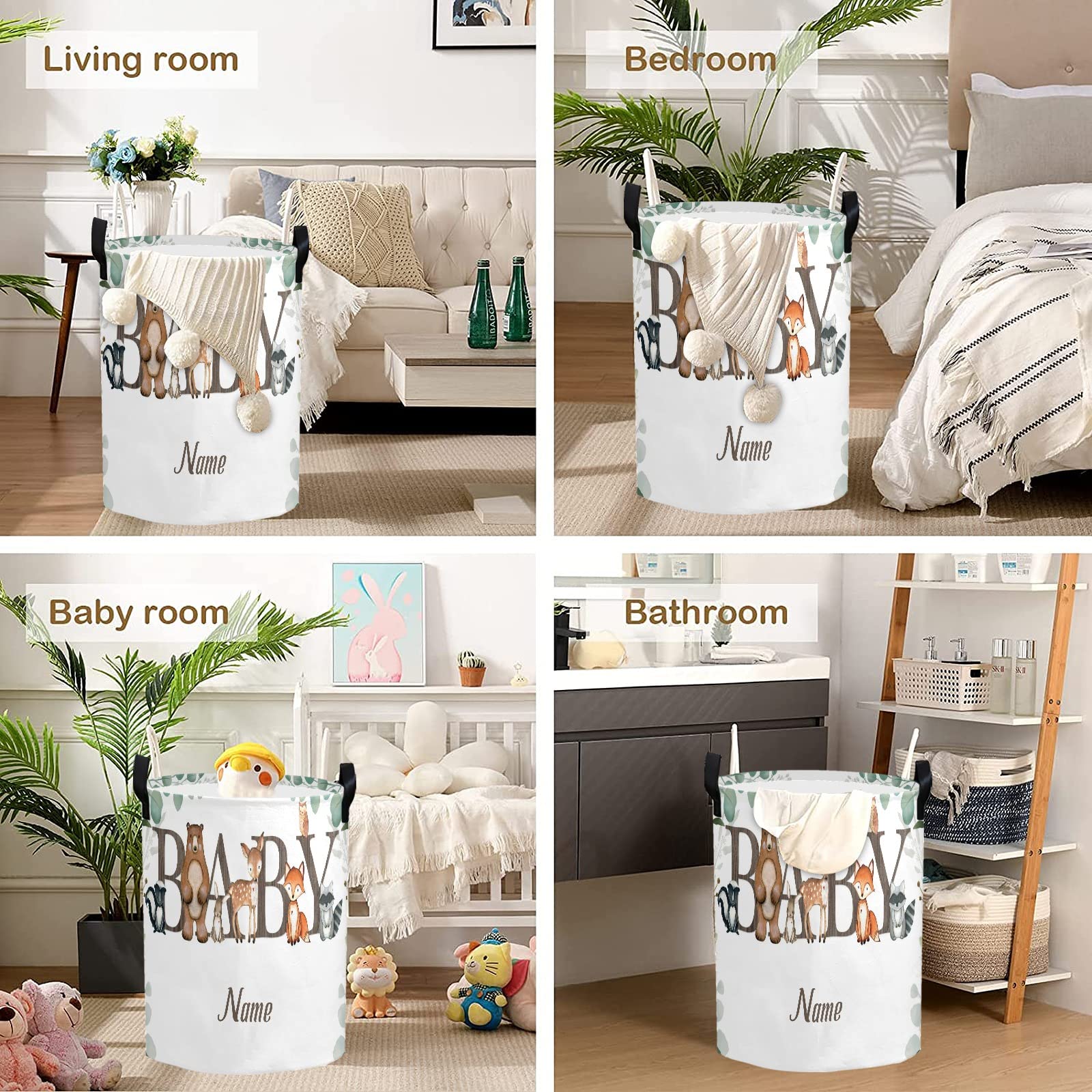 Laundry Basket Customized Name Organizer Storage Round Baskets Foldable Laundry Hamper with Handle for Nursery Bedroom Decor (Baby Bear Fox Greenery)