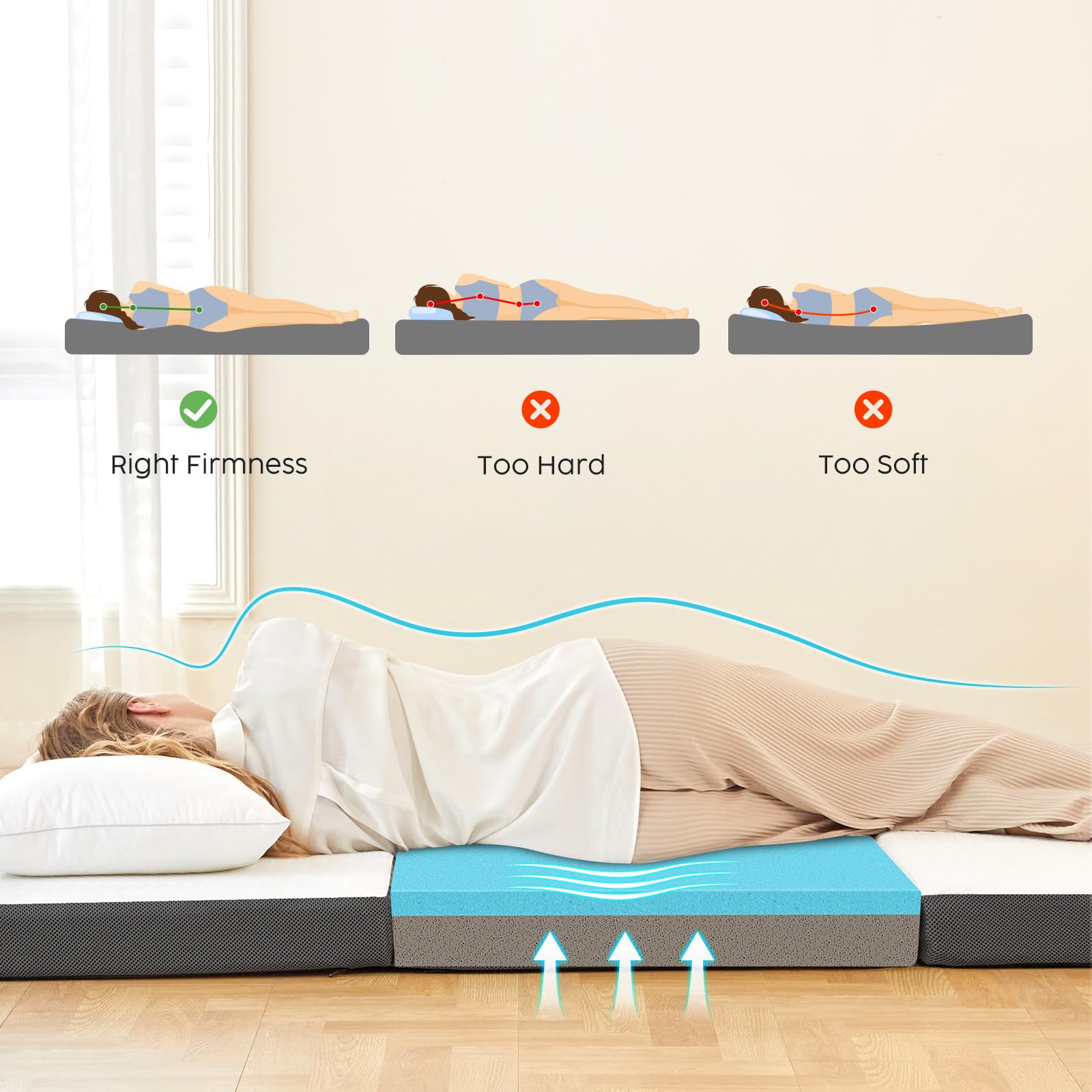 MASVIS Folding Memory Foam Mattress,4 inch Tri-fold Mattress Topper for Camping and Travel, Foldable Guest Bed with Removable Cover, Foldable Mattress with Storage Bag,Full