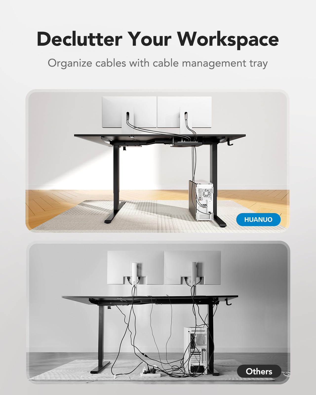 HUANUO L-Shaped Standing Desk, 63 x 40 inch Dual Motor Corner Standing Desk, Electric Height Adjustable Computer Desk with Cable Tray & 3 Preset Heights, Raising Desk for Home Office, Black, HNESD109