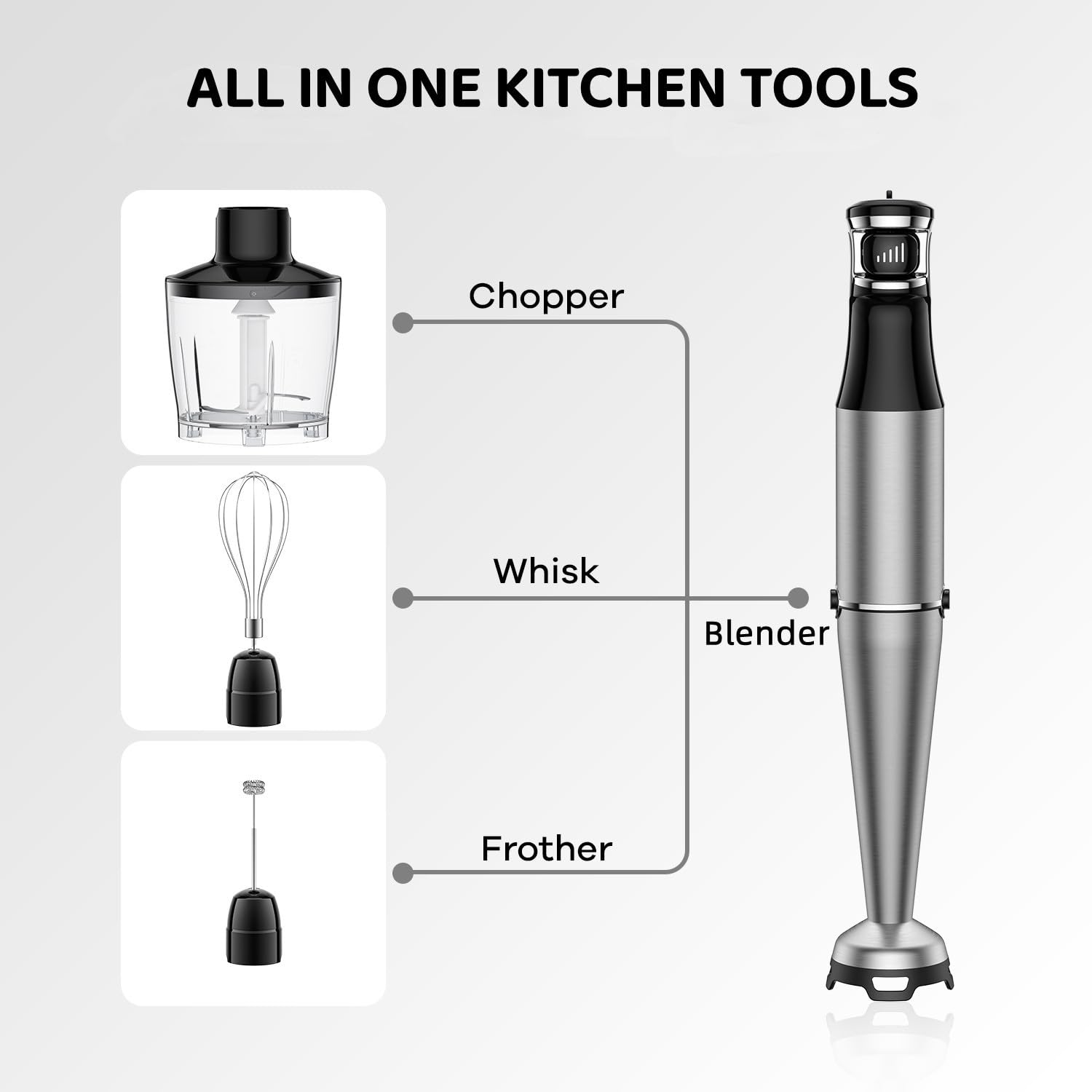 Immersion Hand Blender 5-in-1 1000W Stick Blender Infinitely Variable Speed, Stainless Steel Emulsifier, Detachable with 500ml Chopper, 600ml Breaker, Whisk, Milk Frother for Soup, Smoothie Puree