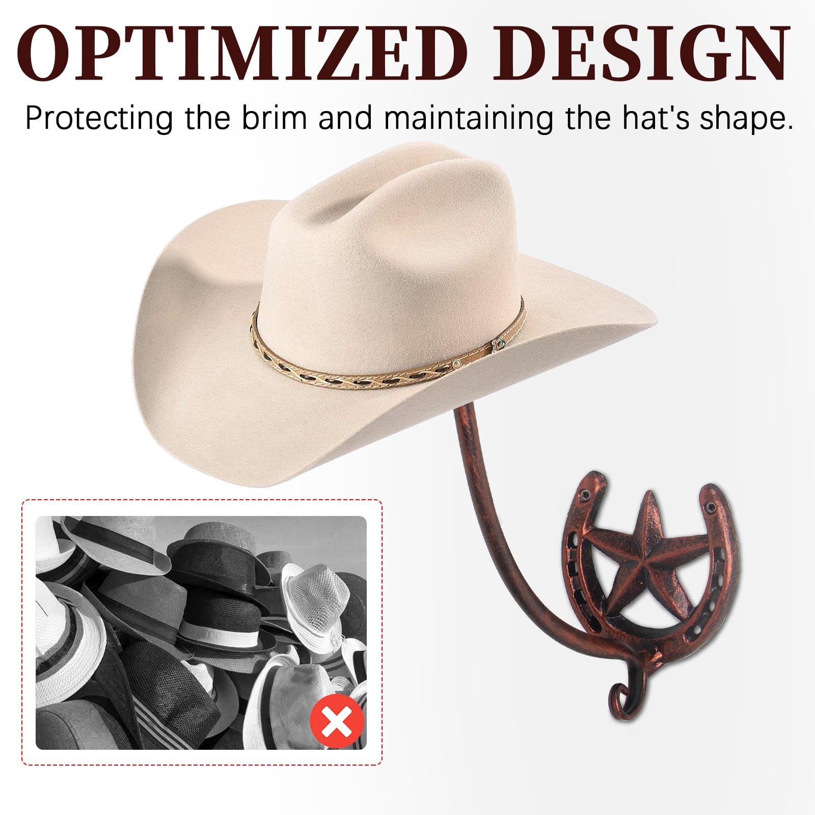 Kilarero Cowboy Hat Rack, 2 Pack Rustic Metal Cowboy Hat Holder with Hooks Horseshoe Cast Iron Hat Hanger for Wall Western Home Decor Storage and Display - Keeps Original Shape