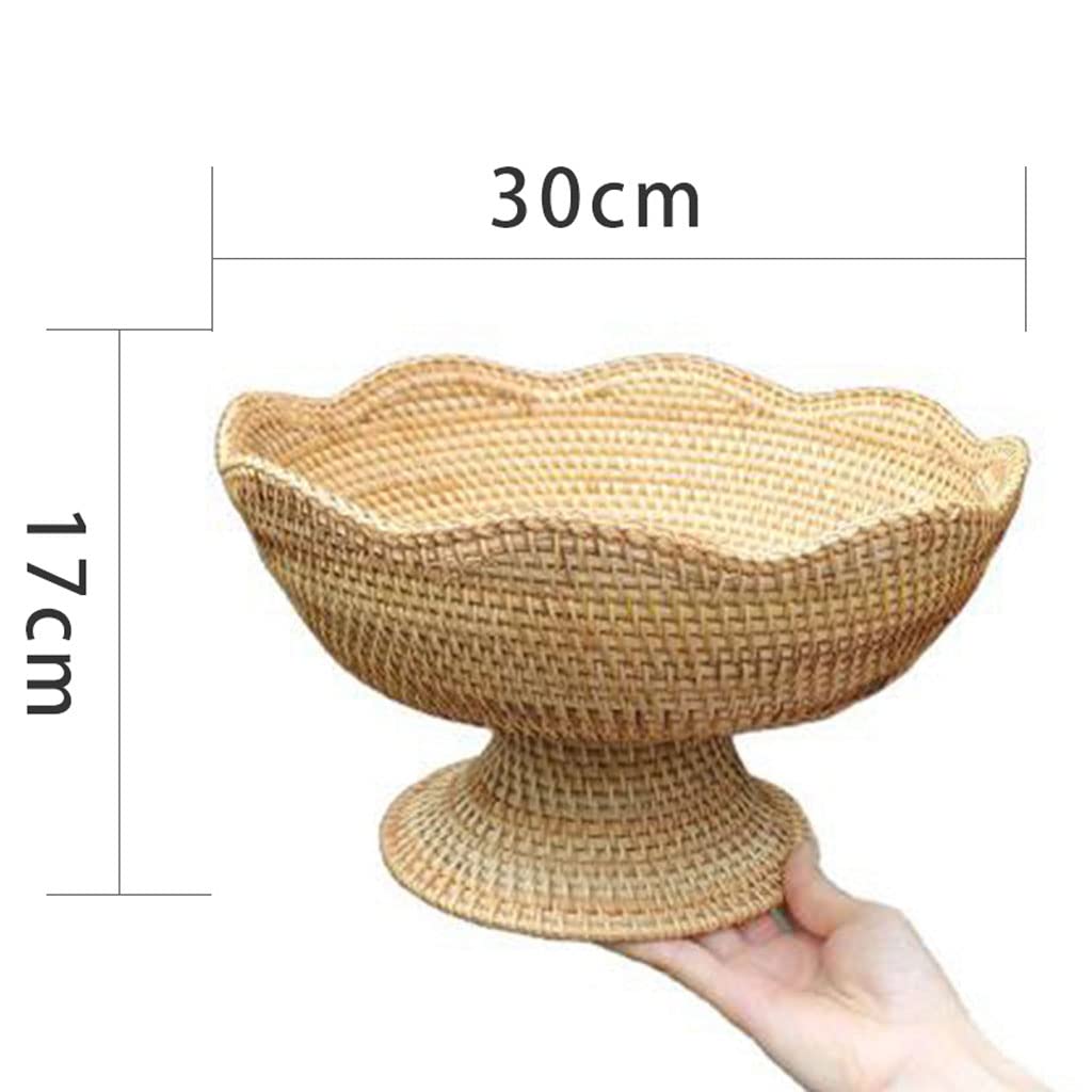 FUKQVOD Simple Fashion Hand-Woven Rattan Tray,Round Brown Natural Decorative Storage Wicker Serving Tray,for Cookies Tea Snacks Fruit Convenience