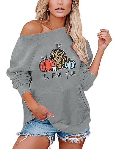 FLOYU Pumpkin Face Sweatshirt Women Halloween Off The Shoulder Tops Fall Pumpkin Pullover Halloween Long Sleeve Clothes