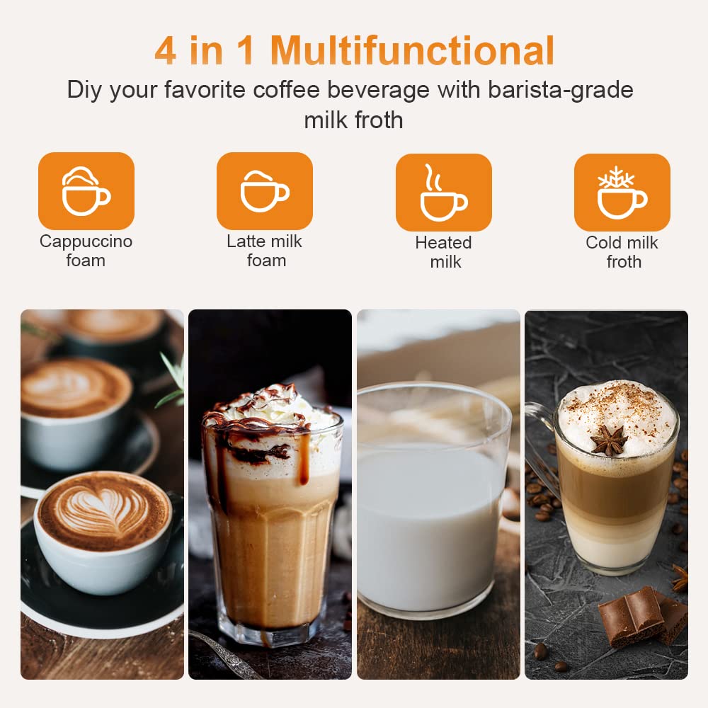GAOCO Milk Frother, 4 in 1 Multifunction Electric Milk Steamer Soft Foam Maker with Two Whisks for Frothing and Heating Milk & Silent Operation for Coffee, Latte, Macchiato