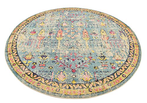 Unique Loom Monterey Collection Vintage Bohemian Inspired with Distressed Tribal Design Area Rug, Round 8' 0" x 8' 0", Blue/Yellow