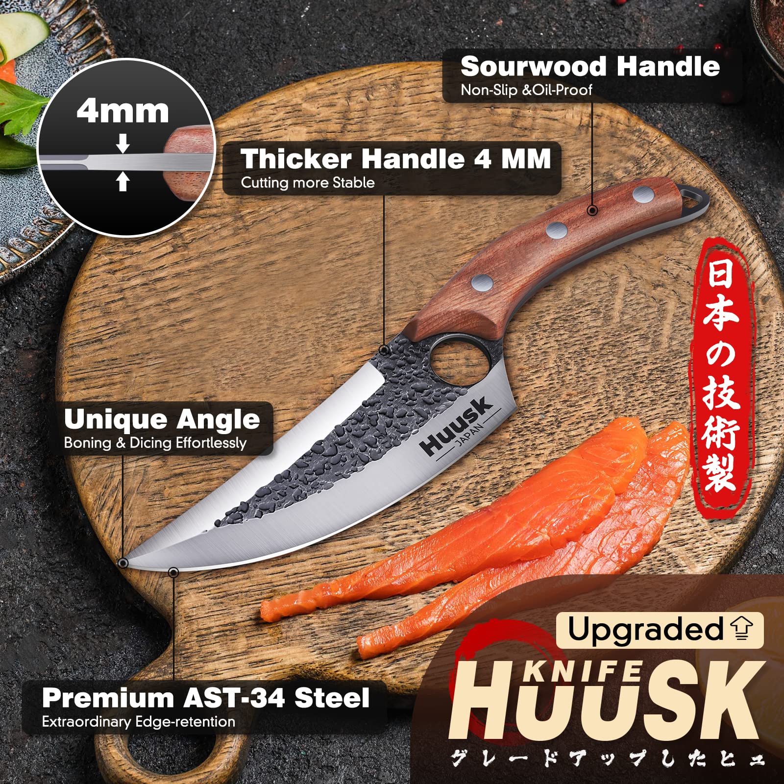 Huusk Upgraded Chef Knives Brown Bundle with Black Kitchen Camping Cooking Knife with Leather Sheath and Gift Box