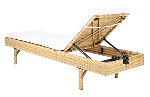 SAFAVIEH Outdoor Collection Cam Natural Brown Wicker/White Cushion Adjustable Chaise Lounge Chair, Black/Beige (PAT7501D)