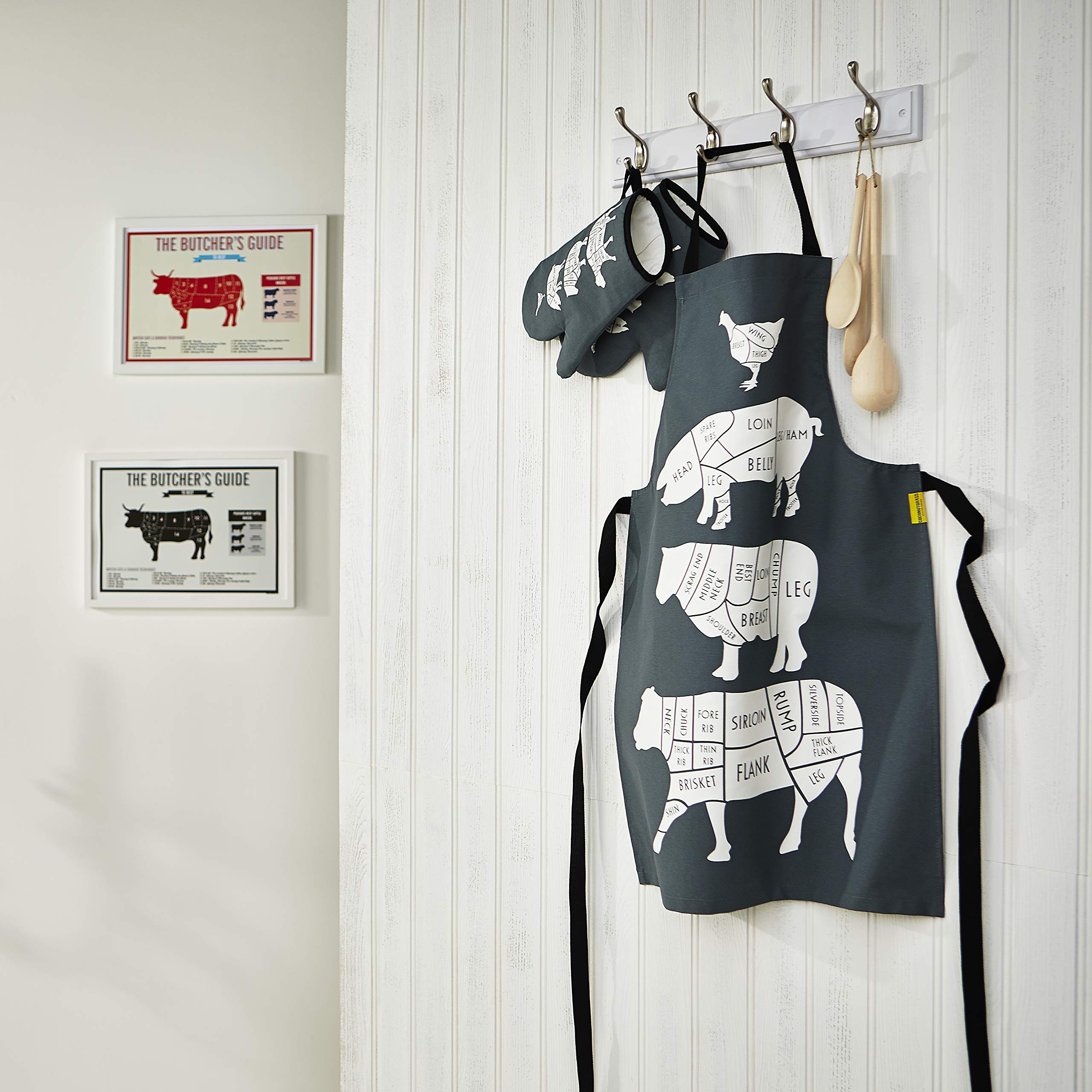 Huxters Chef Apron for Men β Bib Kitchen Apron Screen-Printed with British Meat Cuts β 100% Cotton Twill Protects the Grill Master from Grease Splatter and Stains