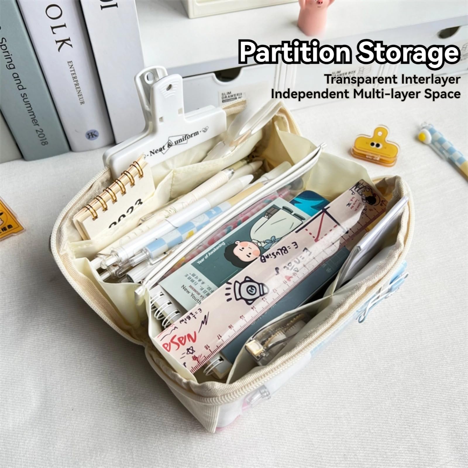 HFPPXHSY Pencil Pouch Multi-Layer Large Capacity Capybara Print Quirky Fun Cute (Beige-2), TM240315-1(3)