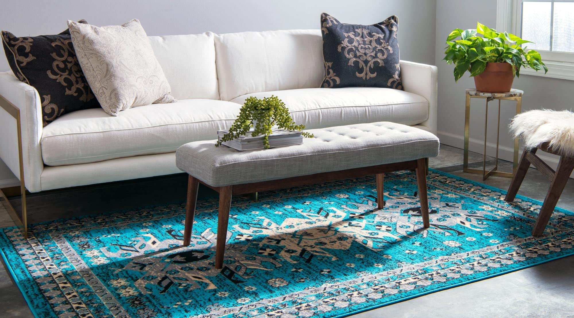 Unique Loom Taftan Collection Border Geometric Tribal Inspired Design Area Rug, 4 ft x 6 ft, Turquoise/Gray