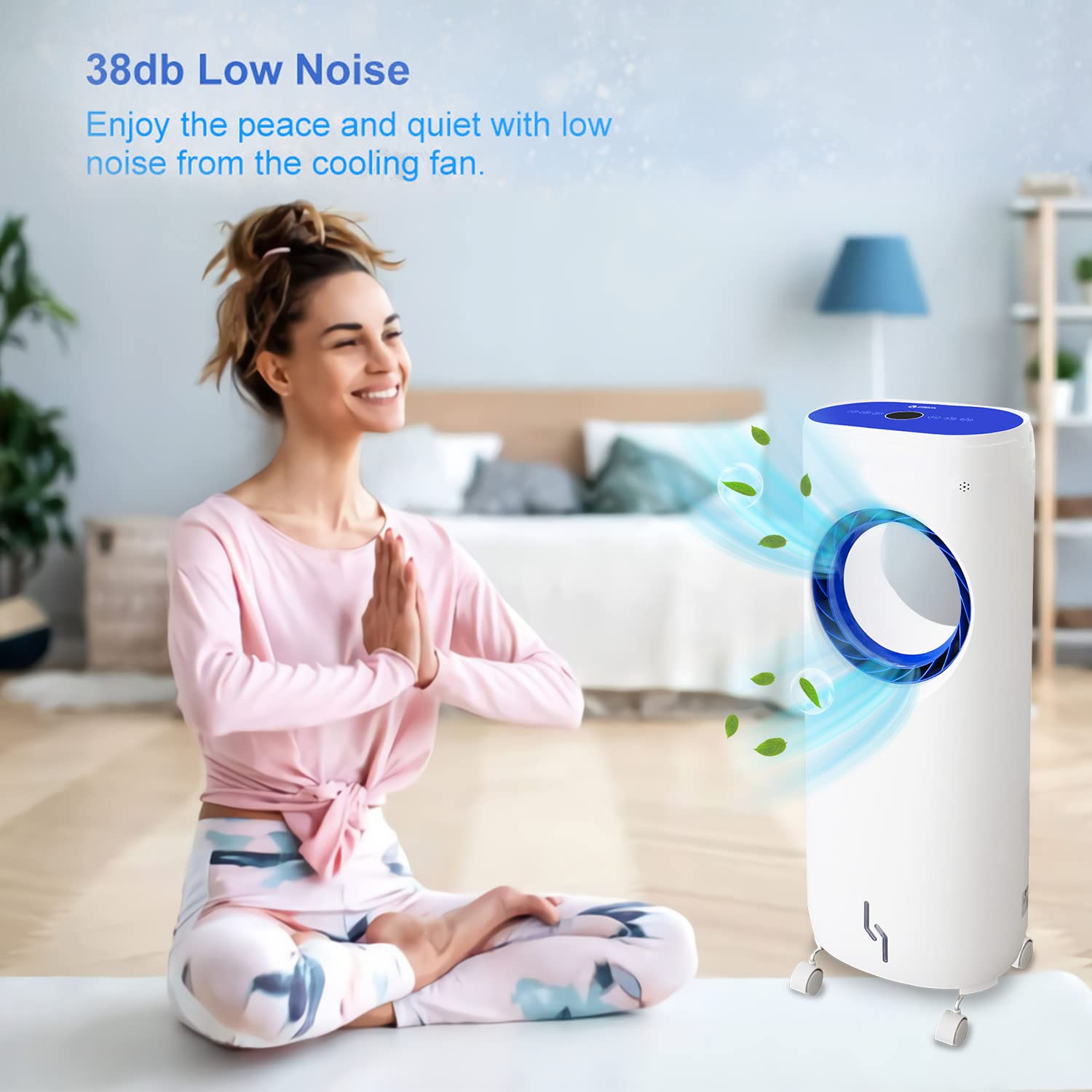 Evaporative Portable Air Cooling Bladeless Fan With 3 Speeds, Low Noise, Tower Design, Timer Options And Wireless Remote