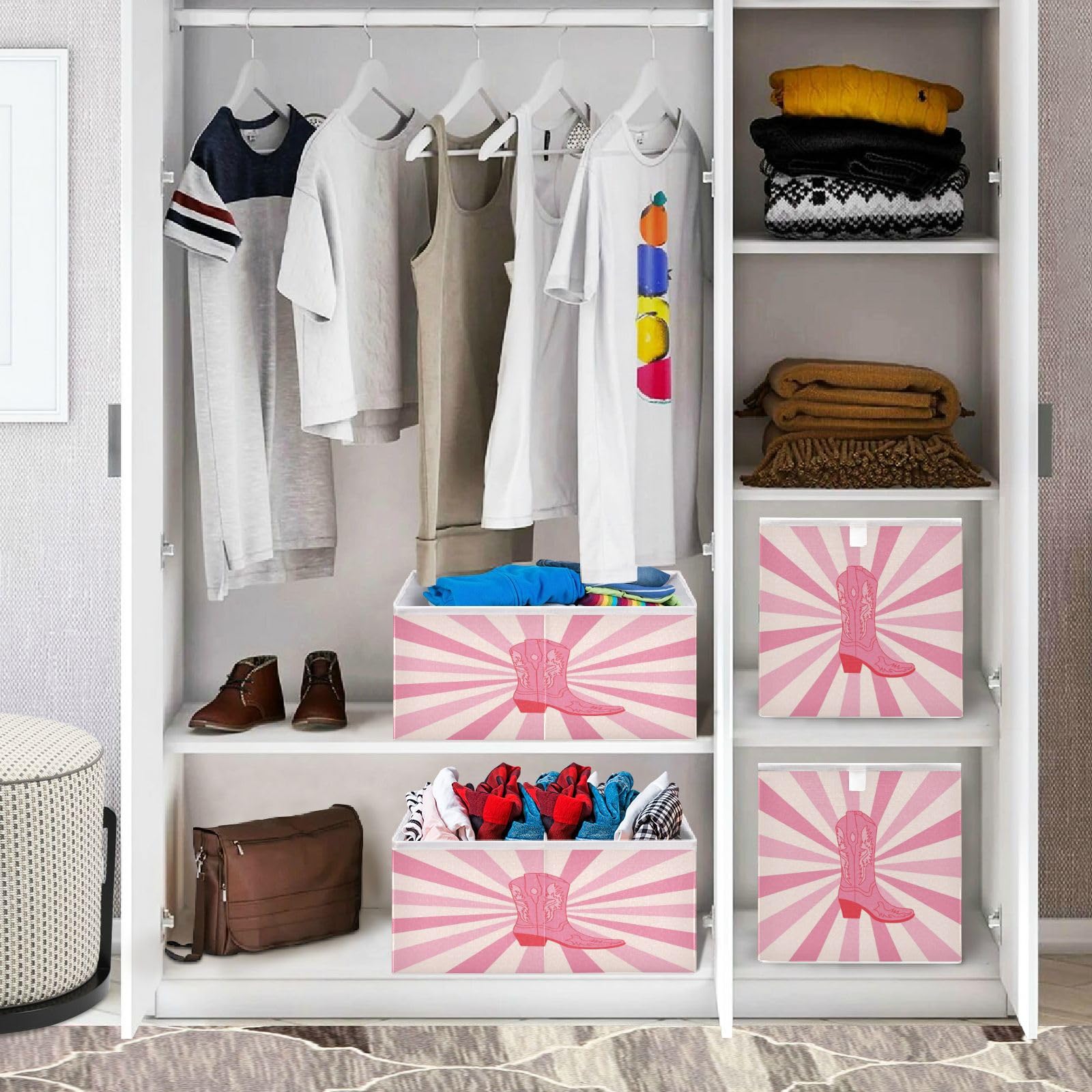QUGRL Retro Pink Cowgirl Boot Cube Storage Bins Organizer Aesthetic Spiral Clothes Toy Storage Basket Box for Shelves Closet Cabinet Office Dorm Bedroom 11x11 in