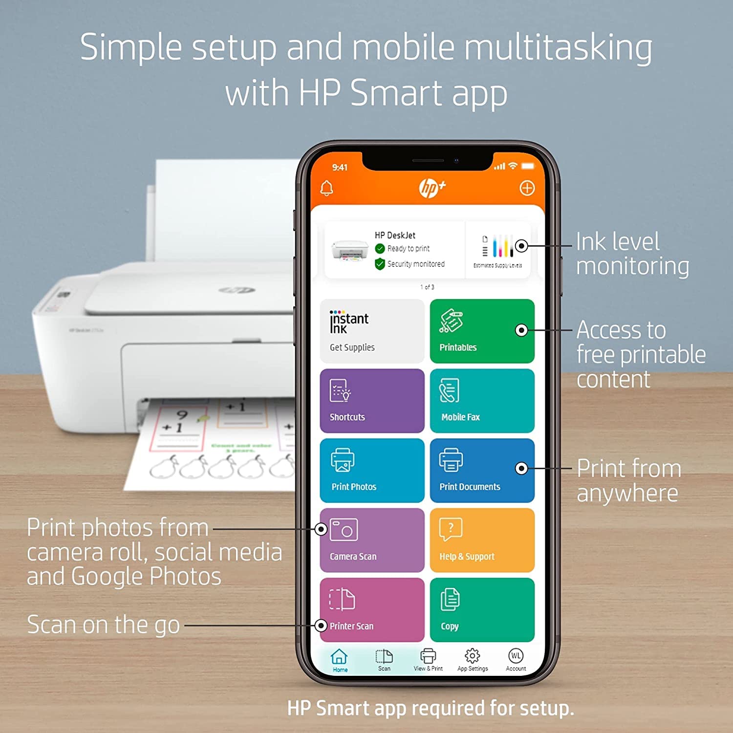 HP DeskJet 2752e Wireless All-in-One Color Inkjet Printer for Home Office, White - Print Scan Copy - Icon LCD Display, 1200 x 1200 dpi, WiFi, Bluetooth, USB, Cbmou Printer Cable (Renewed)