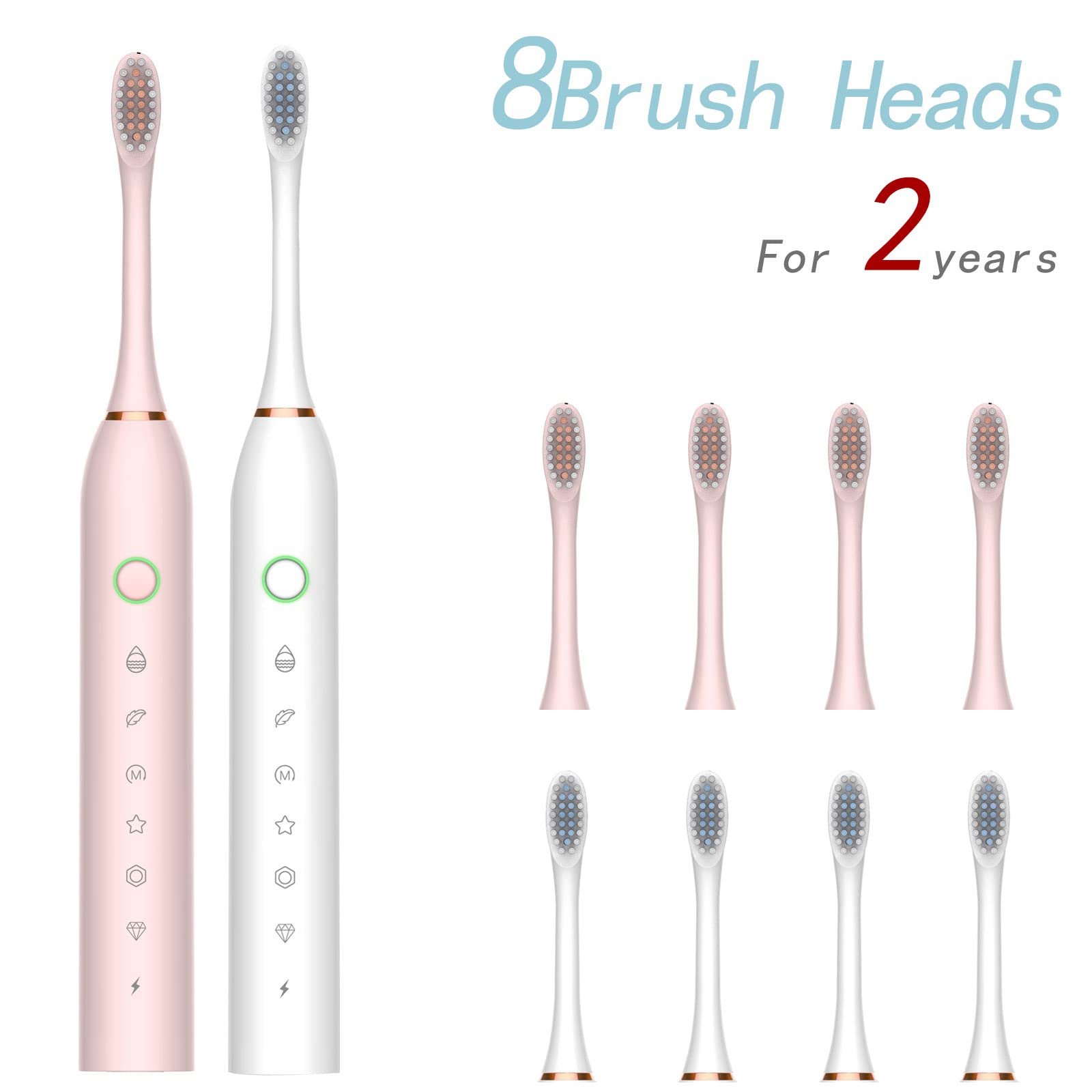 Magnalube-G 2 Pack Electric Toothbrushes Sonic Toothbrush Whitening with 8 Brush Heads, 6 Cleaning Modes and Smart Timer, for Adults Rechargeable Waterproof Cleaning Toothbrushes(Pink+White)