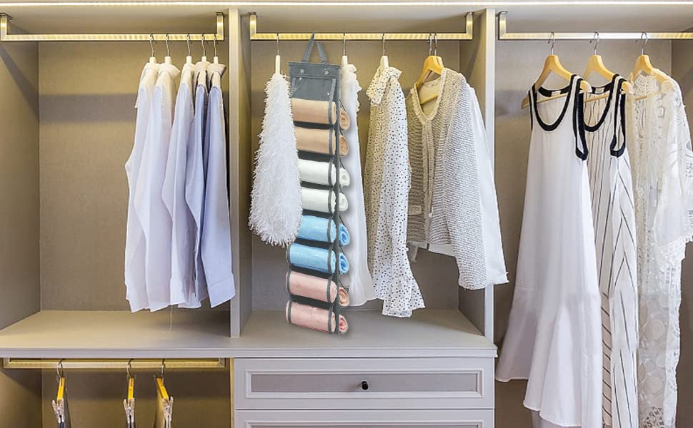 Leggings Storage Hanging Organizer,Storaging Hanger Roll Rack Holder for T-Shirt Jeans Gym Pants,RV Portable Closets Space Saver (Gray, 16 Compartments x 2Pack)