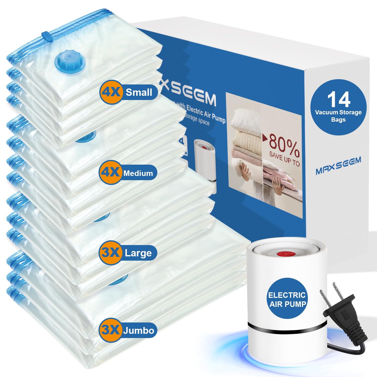 MAXSEEM Vacuum Storage Bags with Electric Pump, 14Pack Vacuum Seal Bags for Clothing, 3J/3L/4M/4S Compression Storage Bags, Space Saver Bags for Comforters, Duvet, Blankets, Coverlet, Quilt, Mattress