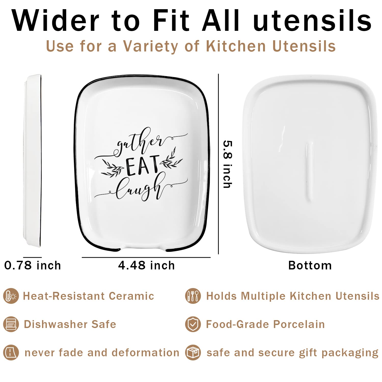 Hvukeke Ceramic Spoon Rest for Stove Top, Funny Gather Eat Laugh White Spoon Holders for Kitchen Counter, Modern Farmhouse Kitchen Cute Decor