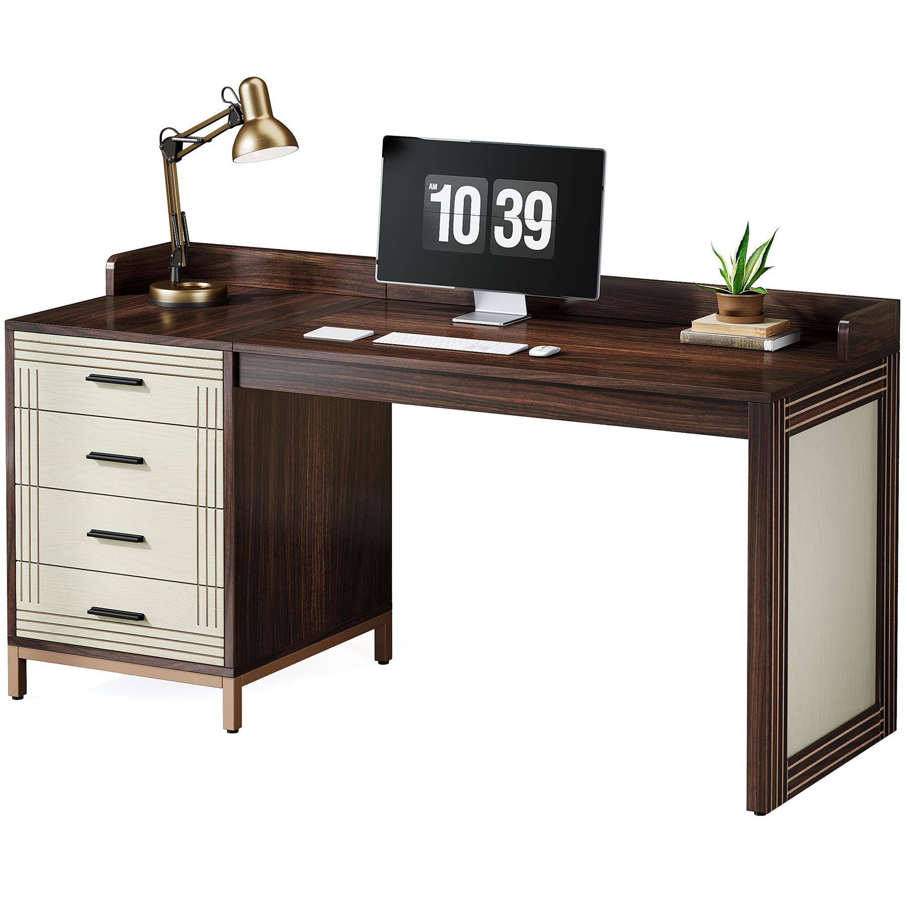 Tribesigns 61-Inch Computer Desk with 4 Drawers, Mid-Century Modern Office Desk with Storage, Wood Study Writing Table for Home Office, Study Room, Bedroom, Brown & Beige