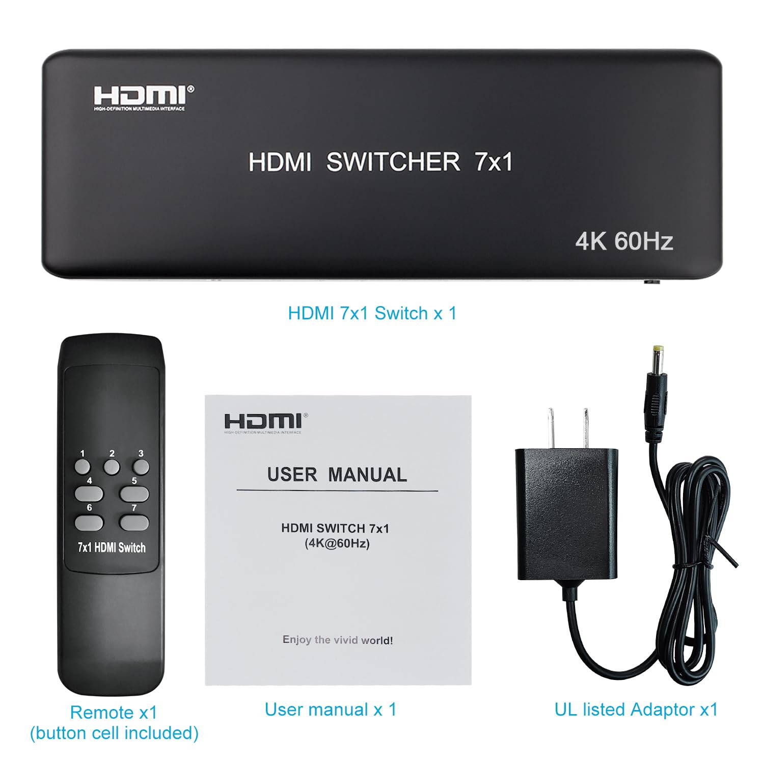 Univivi 7 Port HDMI Switch Version 2.0 4K@60Hz HDMI Switcher Support HDR & HDCP 2.2, Full HD/3D with IR Wireless Remote Control and Power Adapter