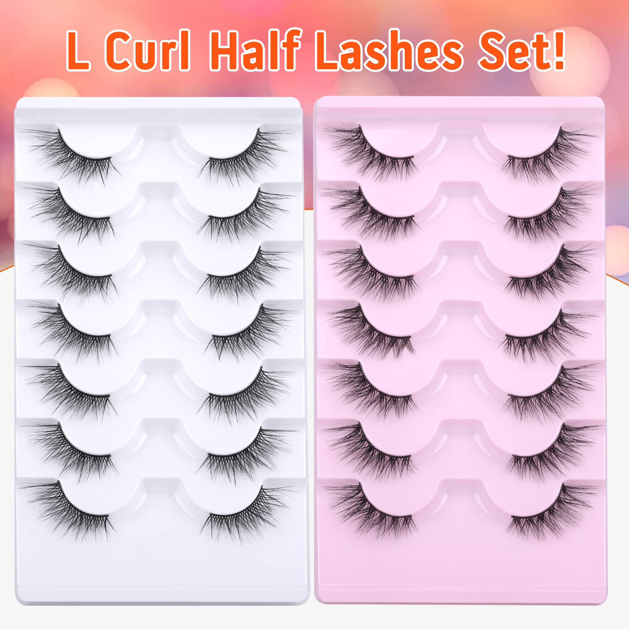 L Curl Lashes Strip Half Lashes Natural Look False Eyelashes Wispy 3D Fluffy Fake Eyelashes Strip Cat Eye Lashes Pack 7 Pairs Reusable Lashes that Look Like Extensions