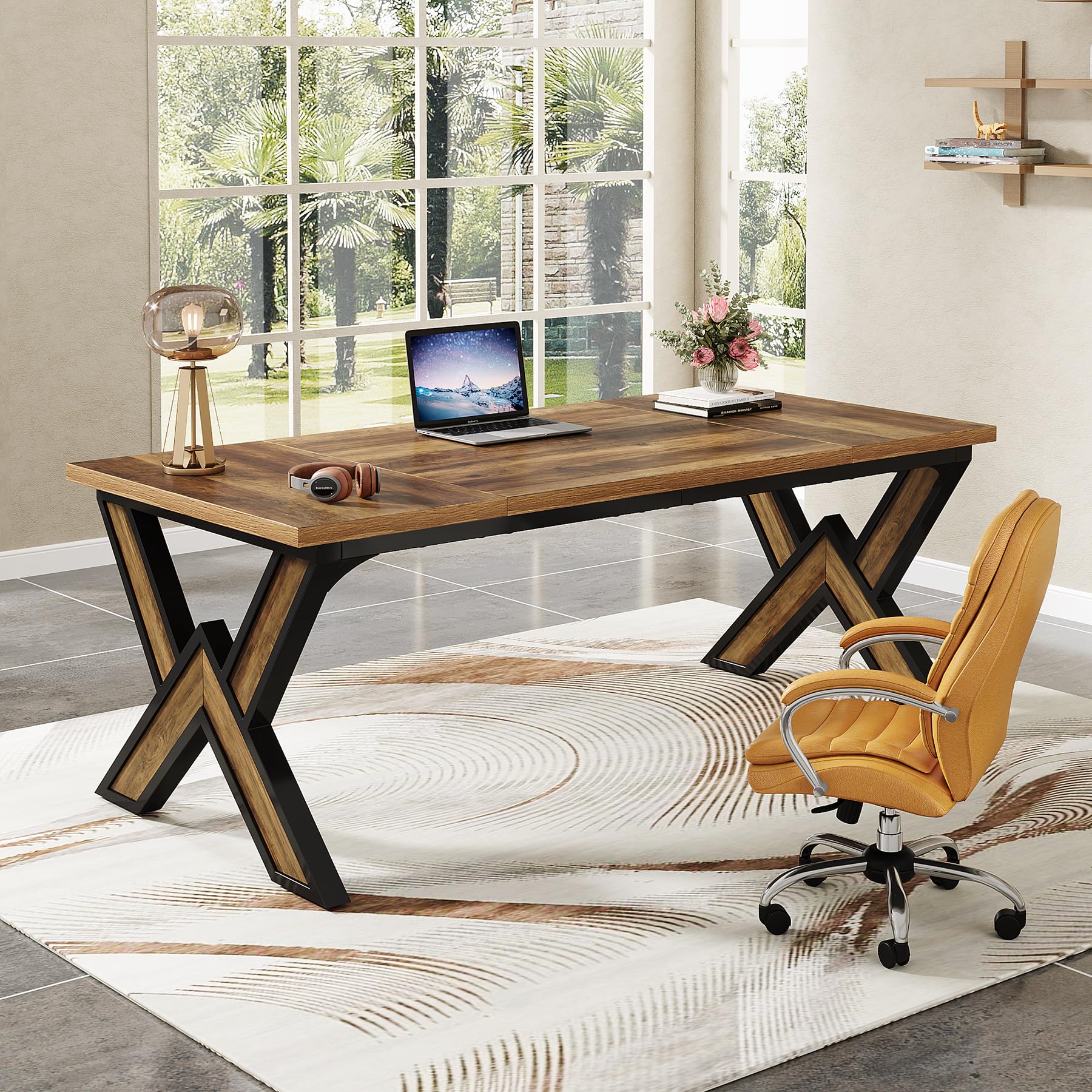 Tribesigns 63 Inches Large Office Desk, Modern Executive Computer Desk with Thickened Frame and Board, Executive Office Desk Workstation Business Office Furniture, Rustic Brown & Black