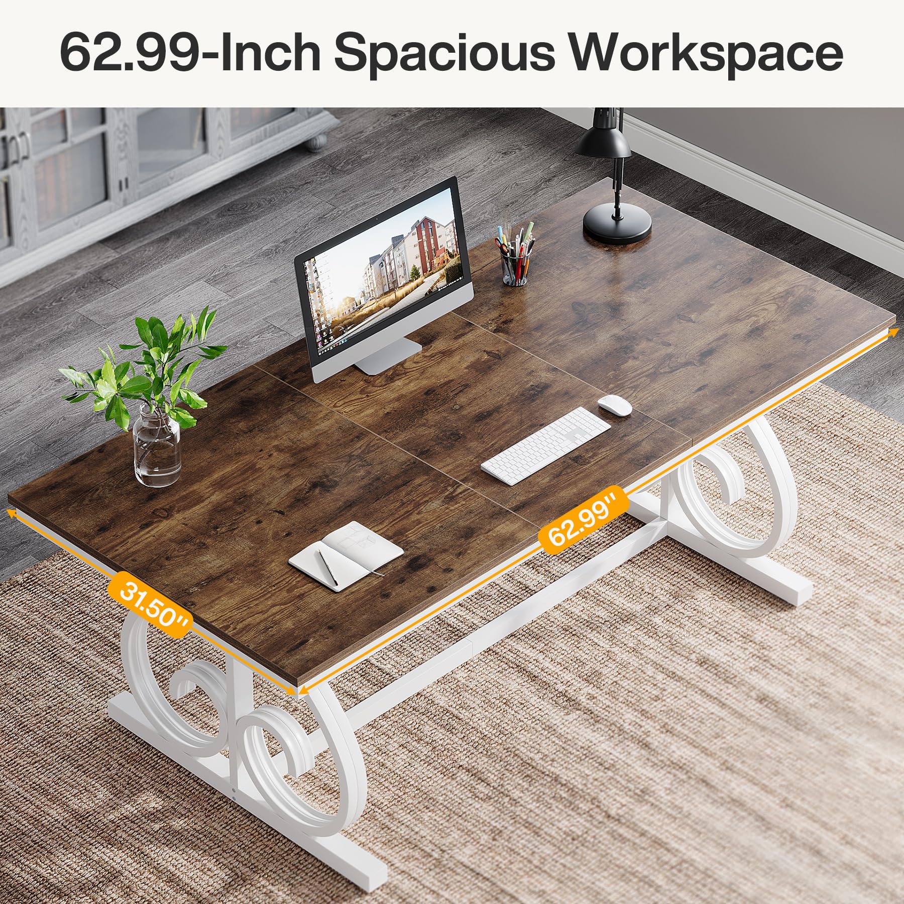 Tribesigns 63-Inch Executive Office Desk: Large Computer Desk with Metal Legs, Wood Modern Office Desk Writing Desk Workstation for Home Office, Brown + White