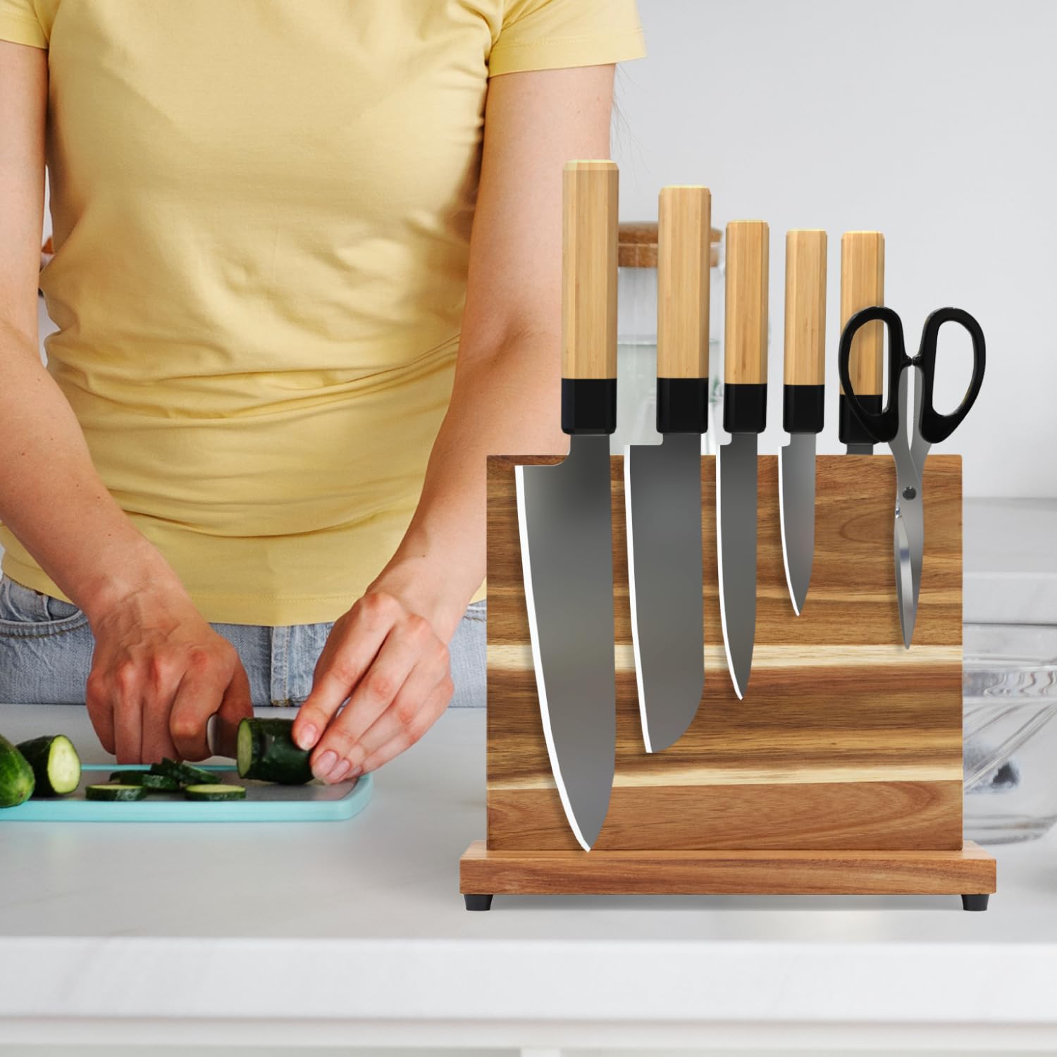 Magnetic Knife Holder, Acacia Wood, Magnetic Knife Block 11.2 x 10.4 Inches, Double Sided Rack Magnetic Universal Stand with Strong Enhanced Magnet Strips, Kitchen Storage Cutlery Organizer
