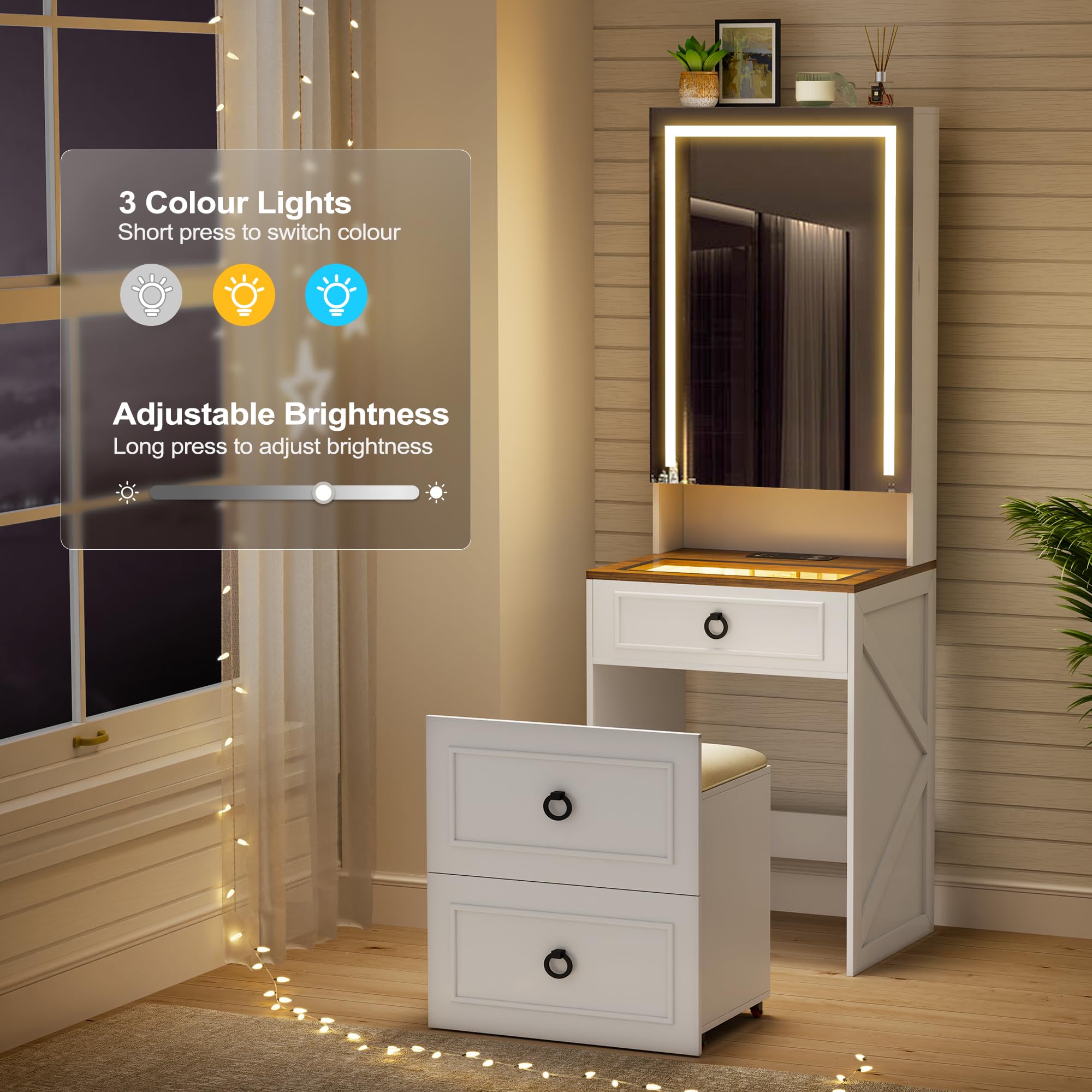 Lvifur Small Vanity Desk with Mirror and Lights, Modern Glass Top Dressing Table with Wheels & Charging Station, Compact Makeup Vanity Set with Jewelry Space & Hidden Storage Stool (White)