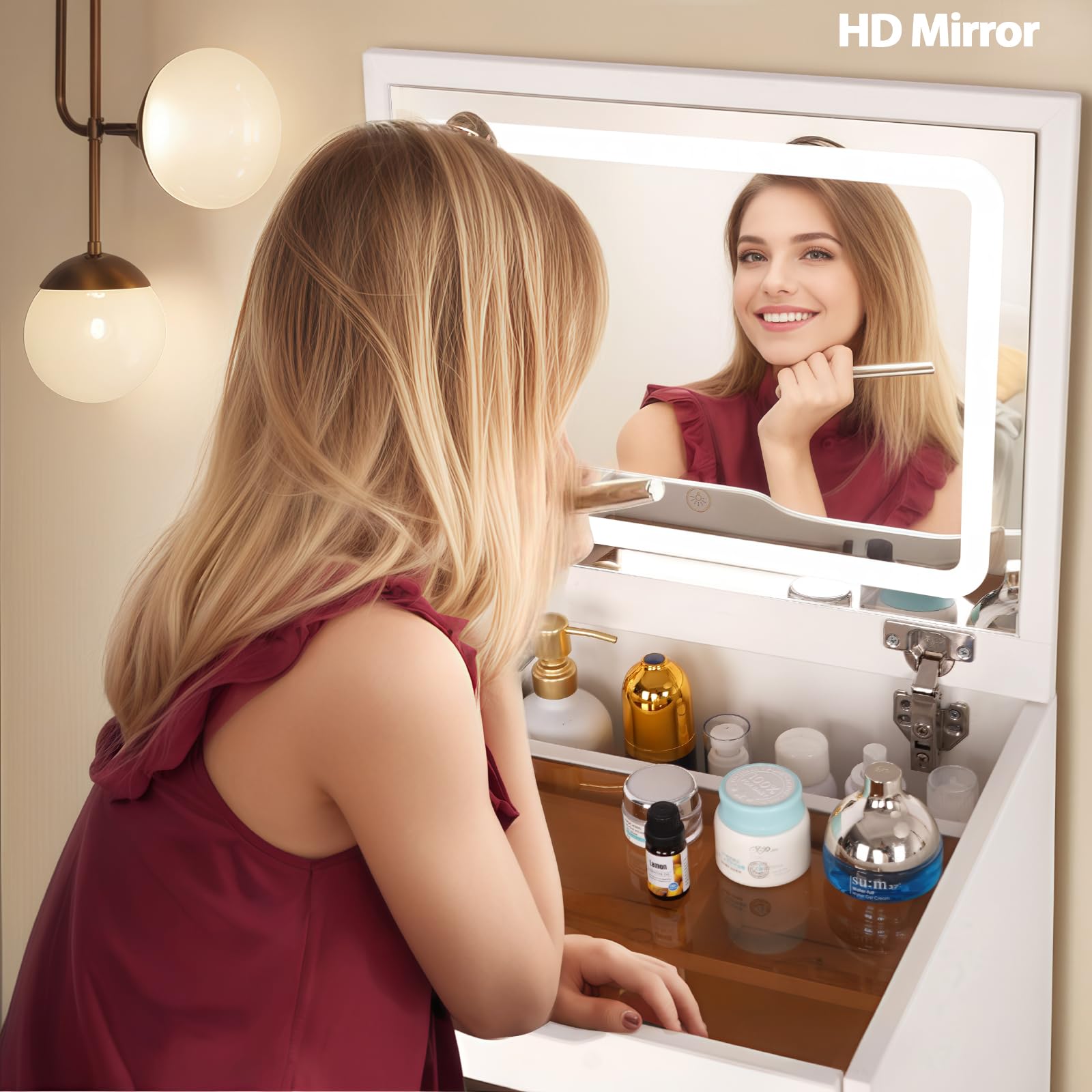 HVCBOSS 3 in 1 Vanity Desk with Plip Top Mirror, LED Light Small Make Up Vanity Set with Visible Glass Desktop, Compact Makeup Vanity with 4 Drawers, Dressing Table for Bedroom, White