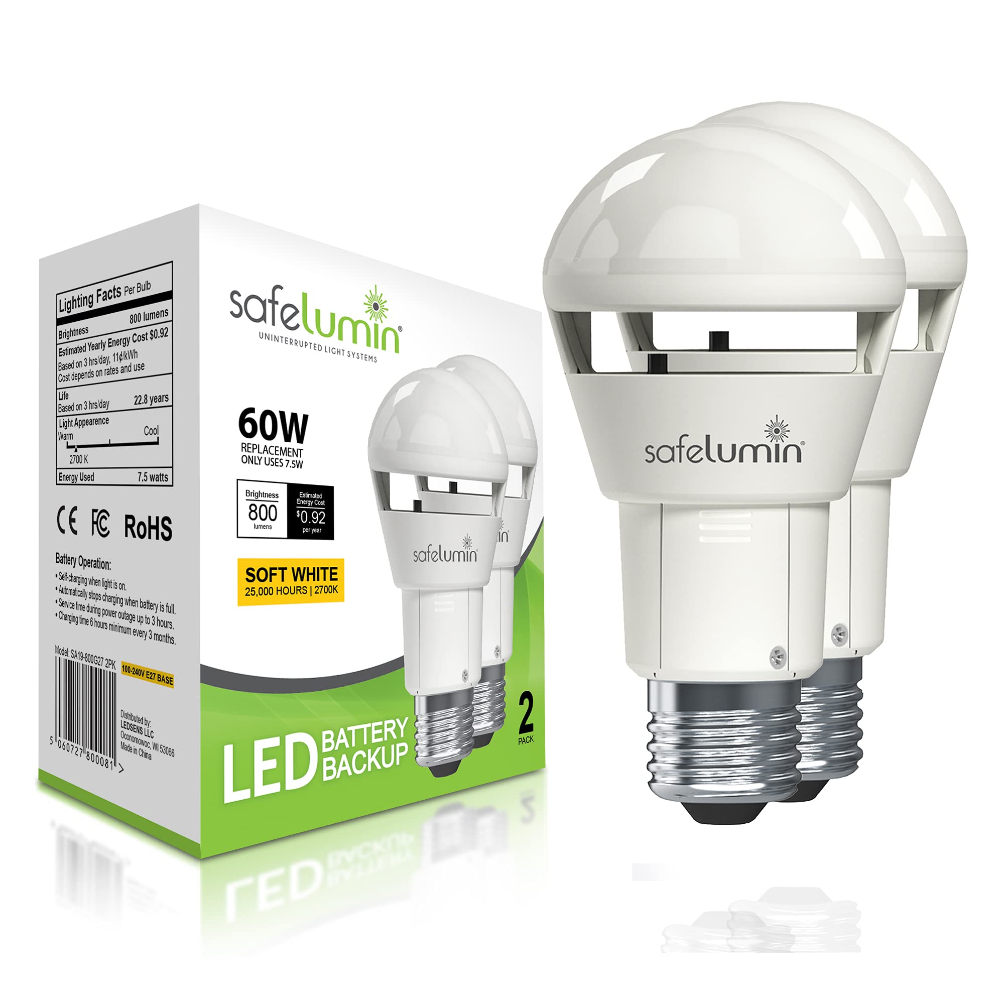 safelumin SA19-800G27 2PK Emergency Rechargeable Light Bulbs for Home Power Failure, Works as Normal LED Light Bulb & 3Hrs Battery Backup, 100-240V CE+CB 800lm 2700K Soft White E27 (2 Pack)