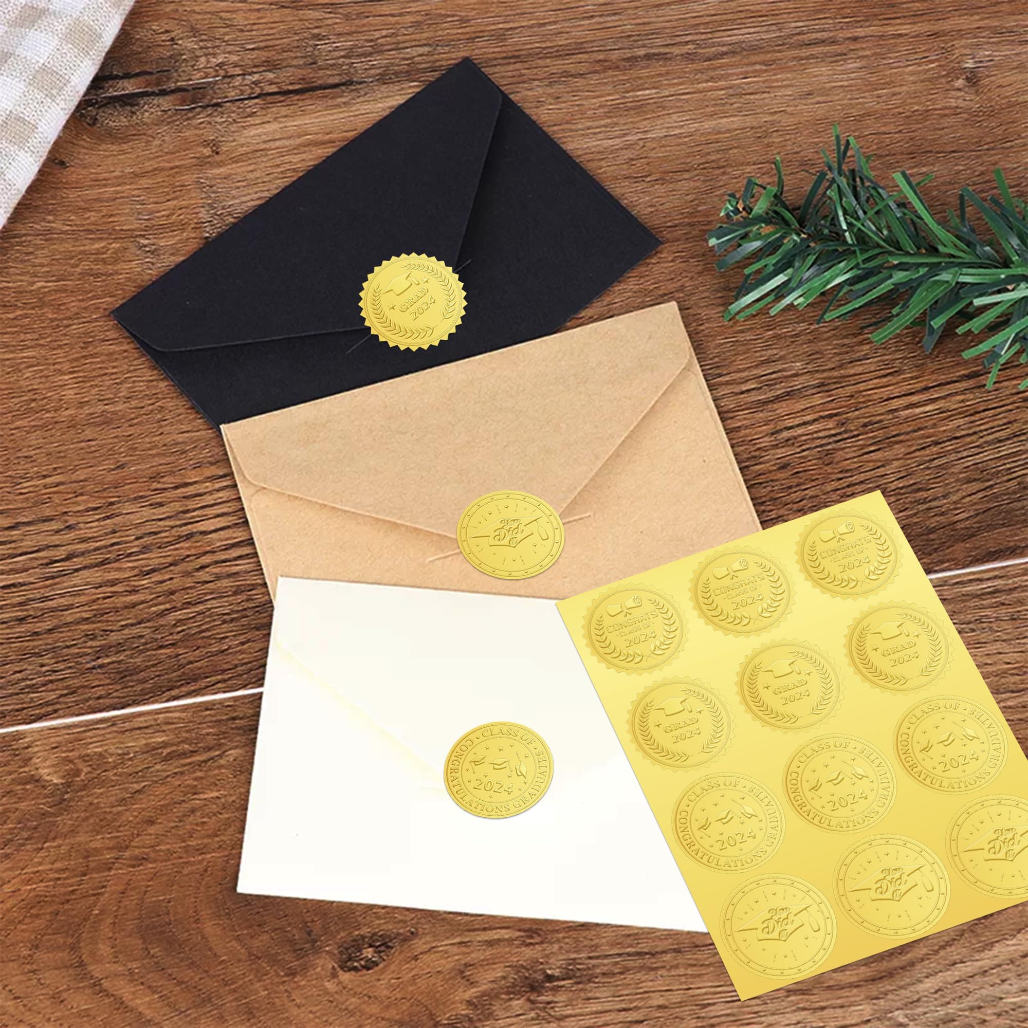 Lucleag 360 PCS Embossed Graduation Envelope Seals Stickers, 2024 Gold Foil Self Adhesive Graduation Diploma Grad Hat Sealing Stickers for Envelopes Candy Graduation Party Favor Decal, 1.5 inch