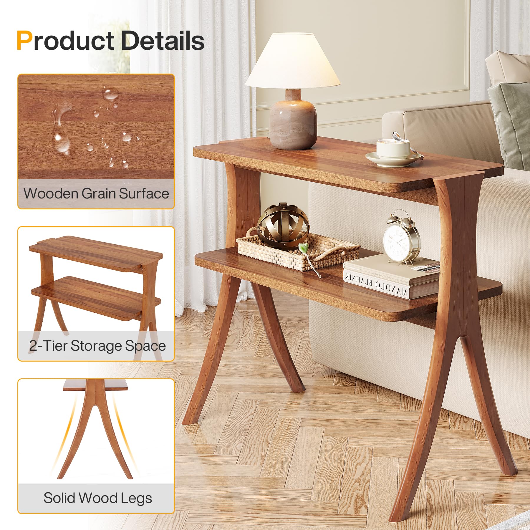 Tribesigns Narrow Side Table for Living Room, Farmhouse End Table with 2-Tier Storage Shelf and Solid Wood Legs, Slim Modern Bedside Table Nightstand for Bedroom, Small Spaces, Entryway, Walnut (2)