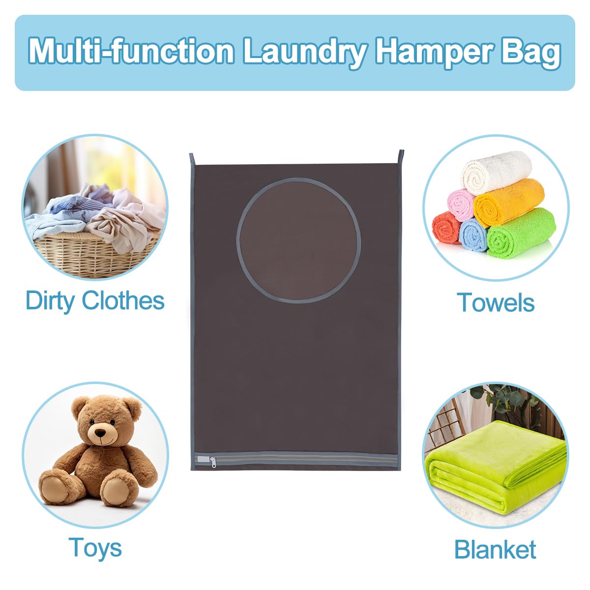QUMENEY 2 Pack Door Hanging Laundry Hamper, XL Hanging Laundry Bag with 4 Hooks Over Door Laundry Hampers for Dirty Clothes, Large Laundry Organizer Bag for Bedrooms Dorms Closets(31"X 20",Grey)