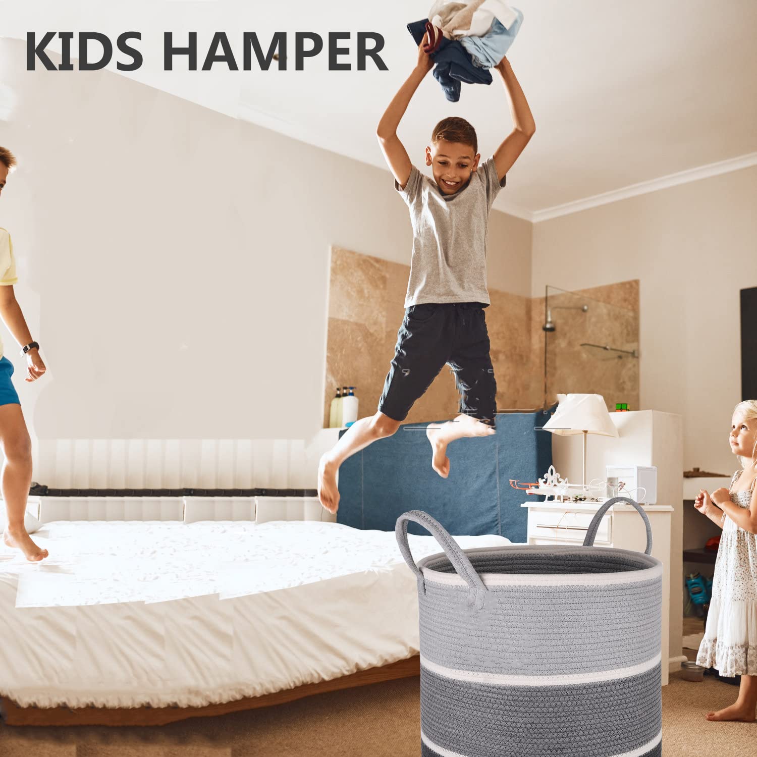 KINGSUSLAY Laundry Hamper, Laundry Basket,Tall Woven Baskets for Blanket storage,Toys,Pillows, Christmas Gifts, Extra Large Nursery Hampers for Laundry(Grey with White-12"x16" Inch)
