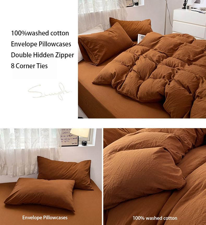 Modern Style Bedding Three Piece Set, Washed Cotton Quilt Cover, Breathable, Durable, Soft and Comfortable with 2 Pillowcases (Brown, Full (80 "x 90"))