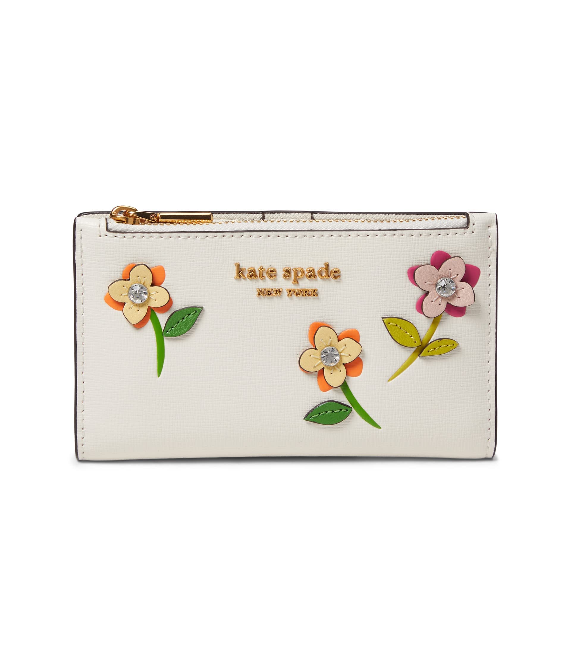 kate spade new york In Bloom Flower Appliqued Saffiano Leather Small Slim Bifold Wallet Cream Multi One Size